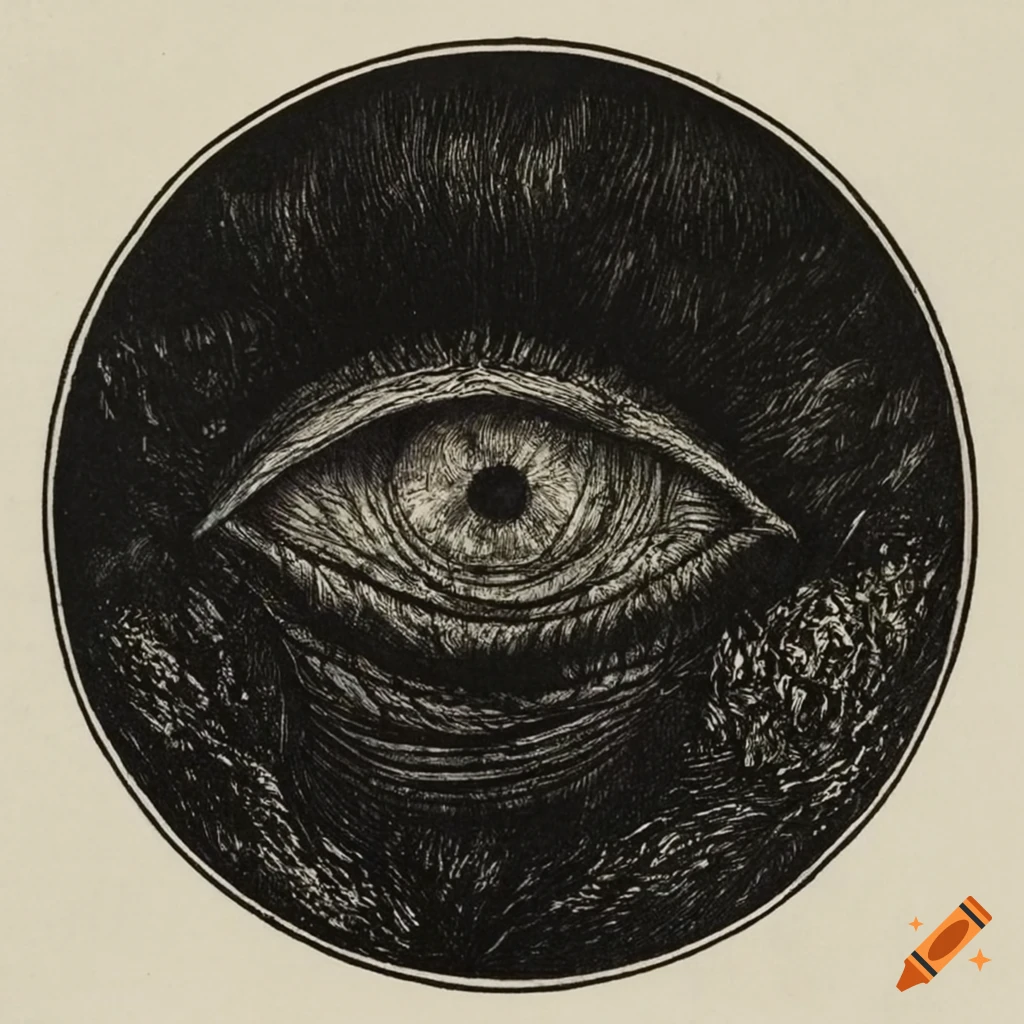 Black and white acid etching of an ominous eye in the sky on Craiyon