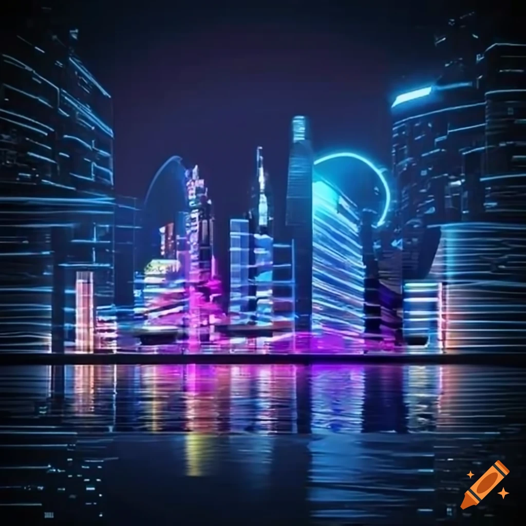 Futuristic city with glowing holographic signs on Craiyon