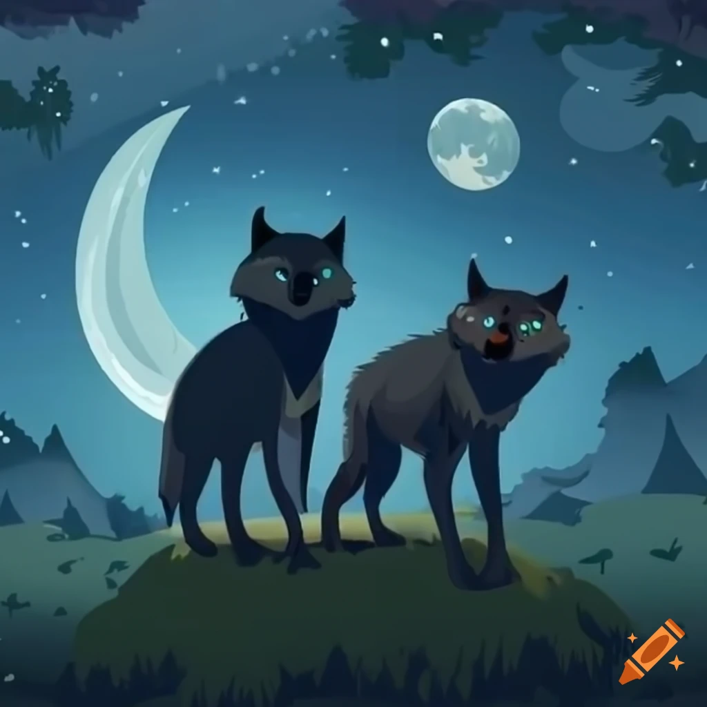 Cartoon wolves in a magical moonlit forest on Craiyon
