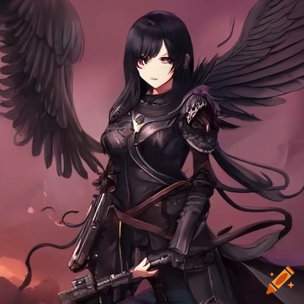 Anime girl with black wings and revolvers on Craiyon