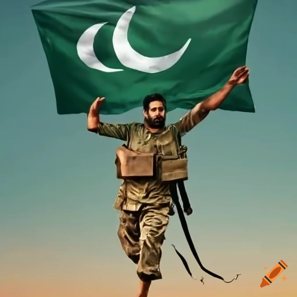 Image of a man running with pakistani flag in a war zone