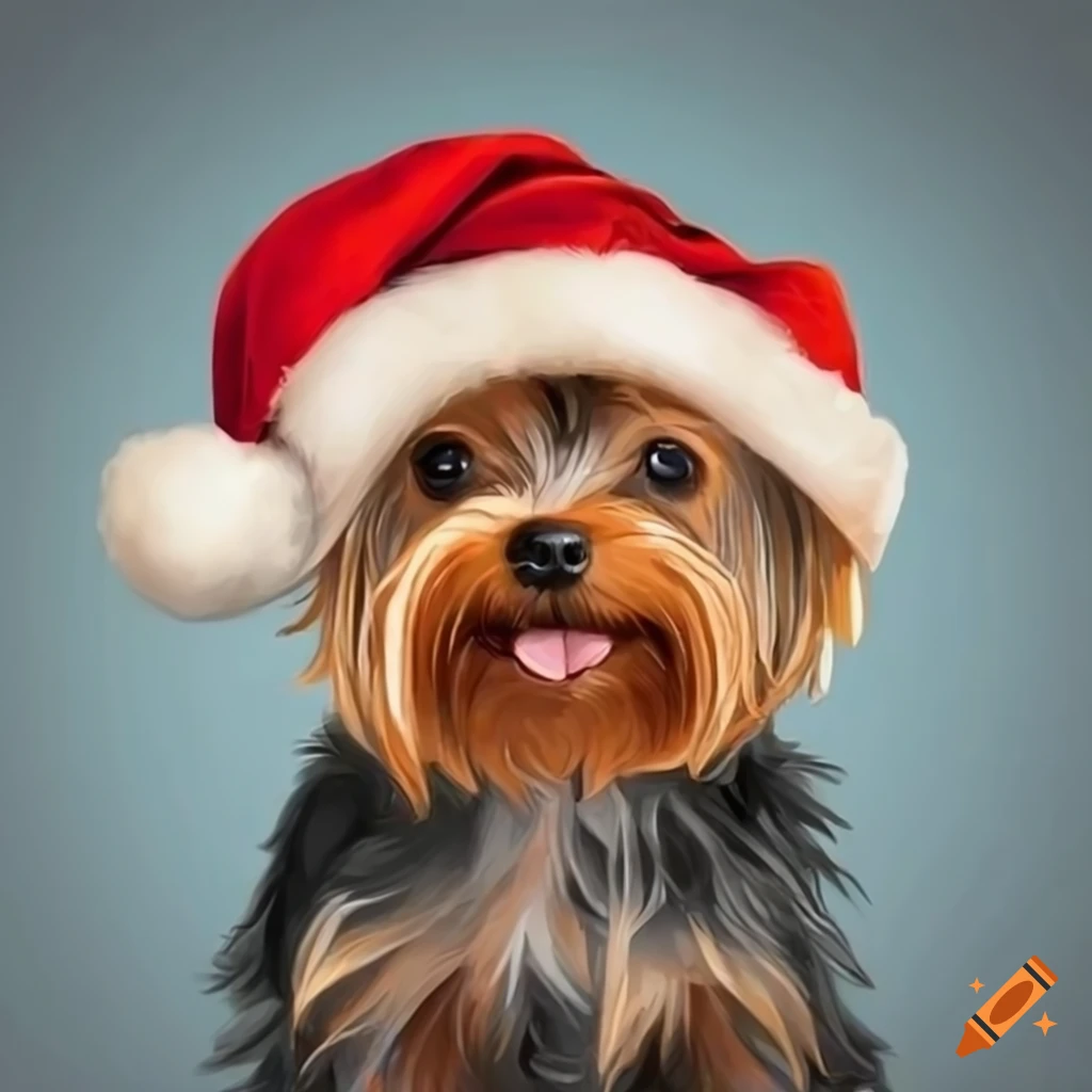 Hyper realistic portrait of a happy yorkshire terrier puppy wearing a ...