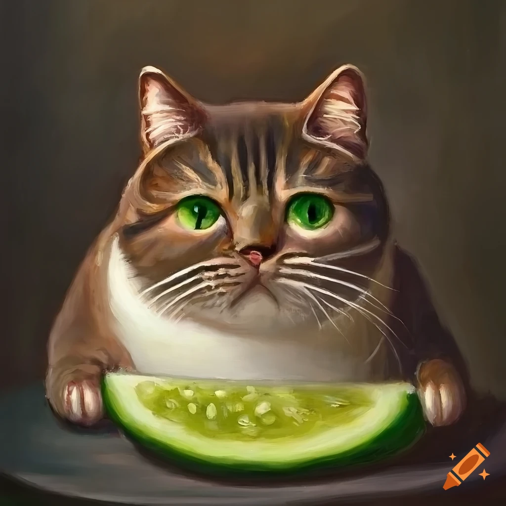 Surreal oil painting of a chubby cat with a cucumber on Craiyon