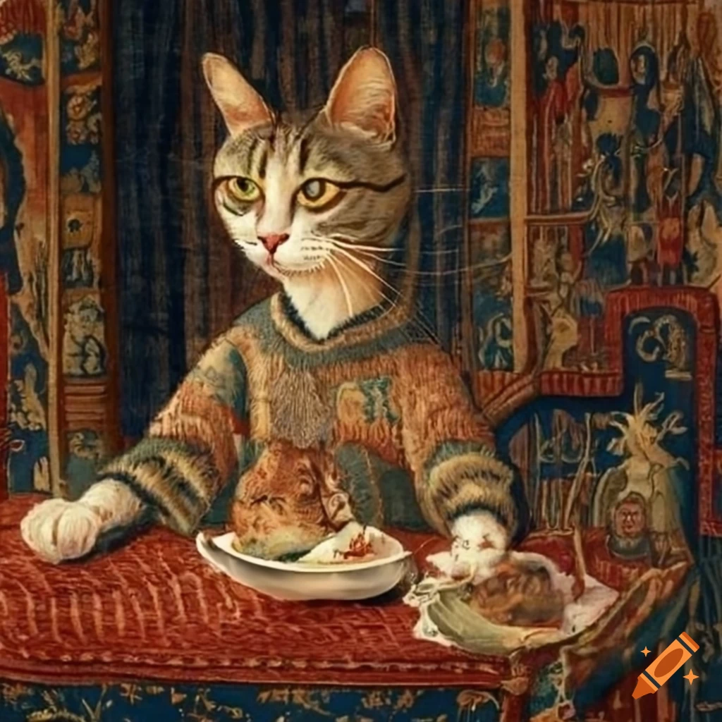 Medieval tapestry of a cat enjoying a meal on Craiyon