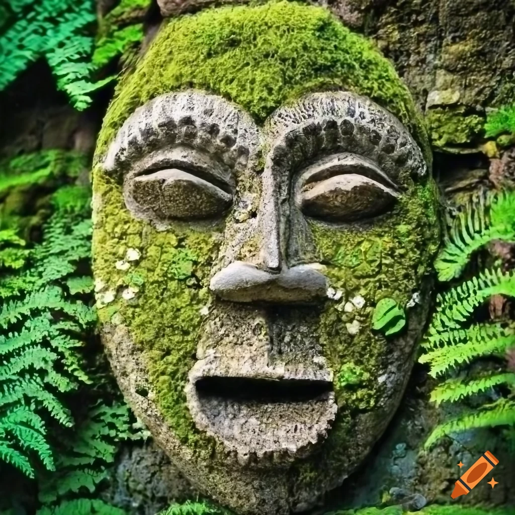Moss-covered African stone masks in a garden of ferns on Craiyon