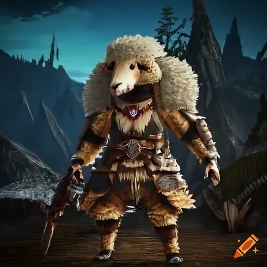 Sheep wearing monster hunter armor in the mountains on Craiyon