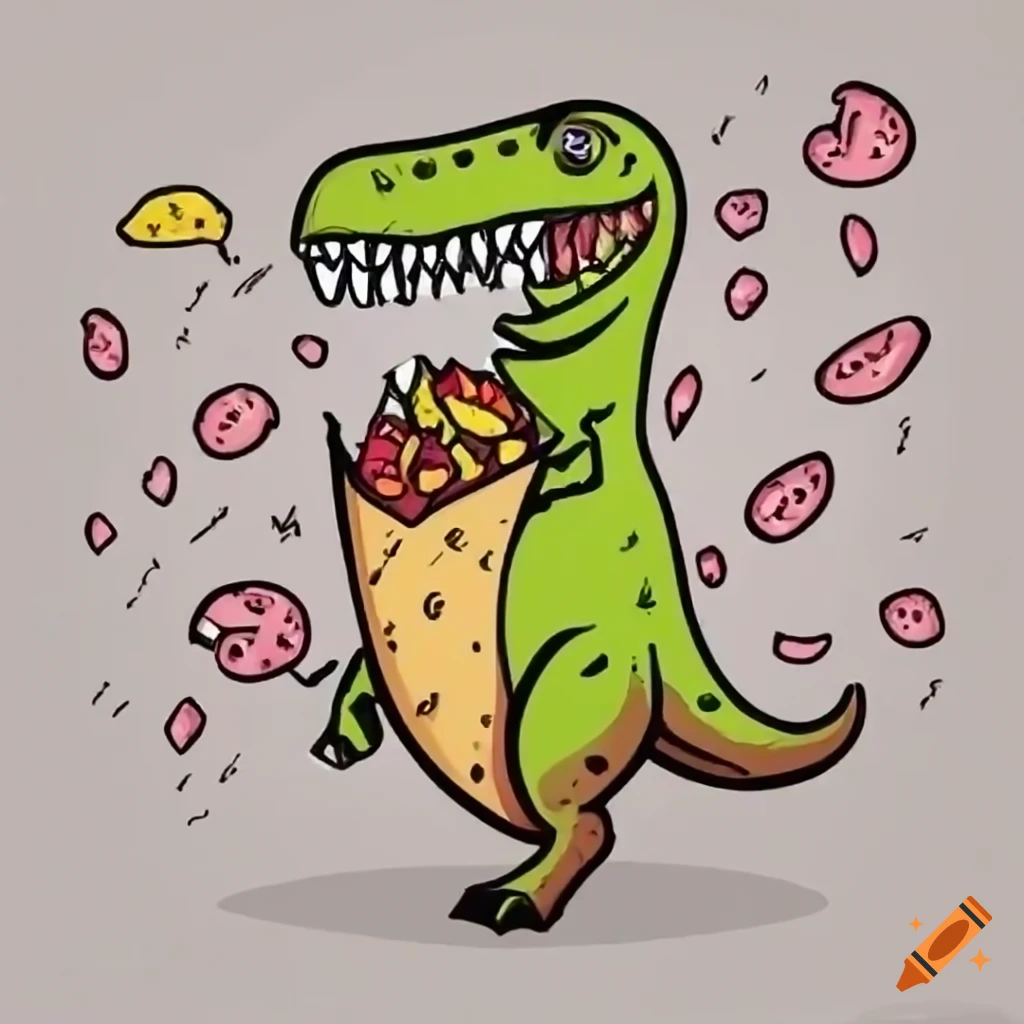 T-rex dancing with taco-filled sticks in manga style