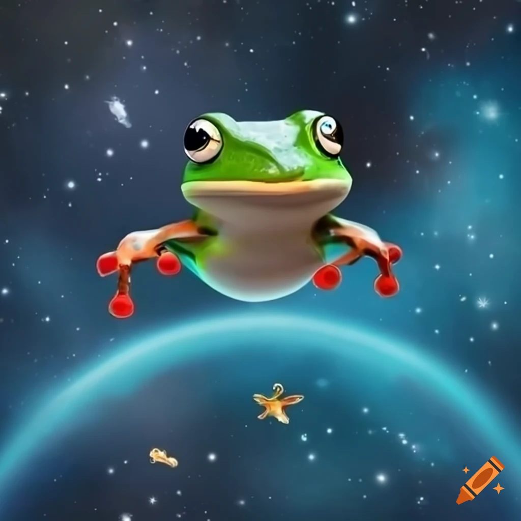 Fantasy illustration of a floating frog in space on Craiyon