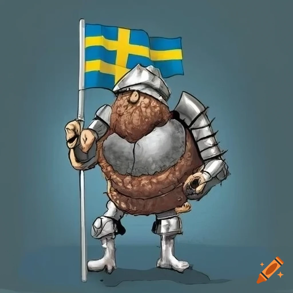 Swedish meatball character in armor holding flag on Craiyon