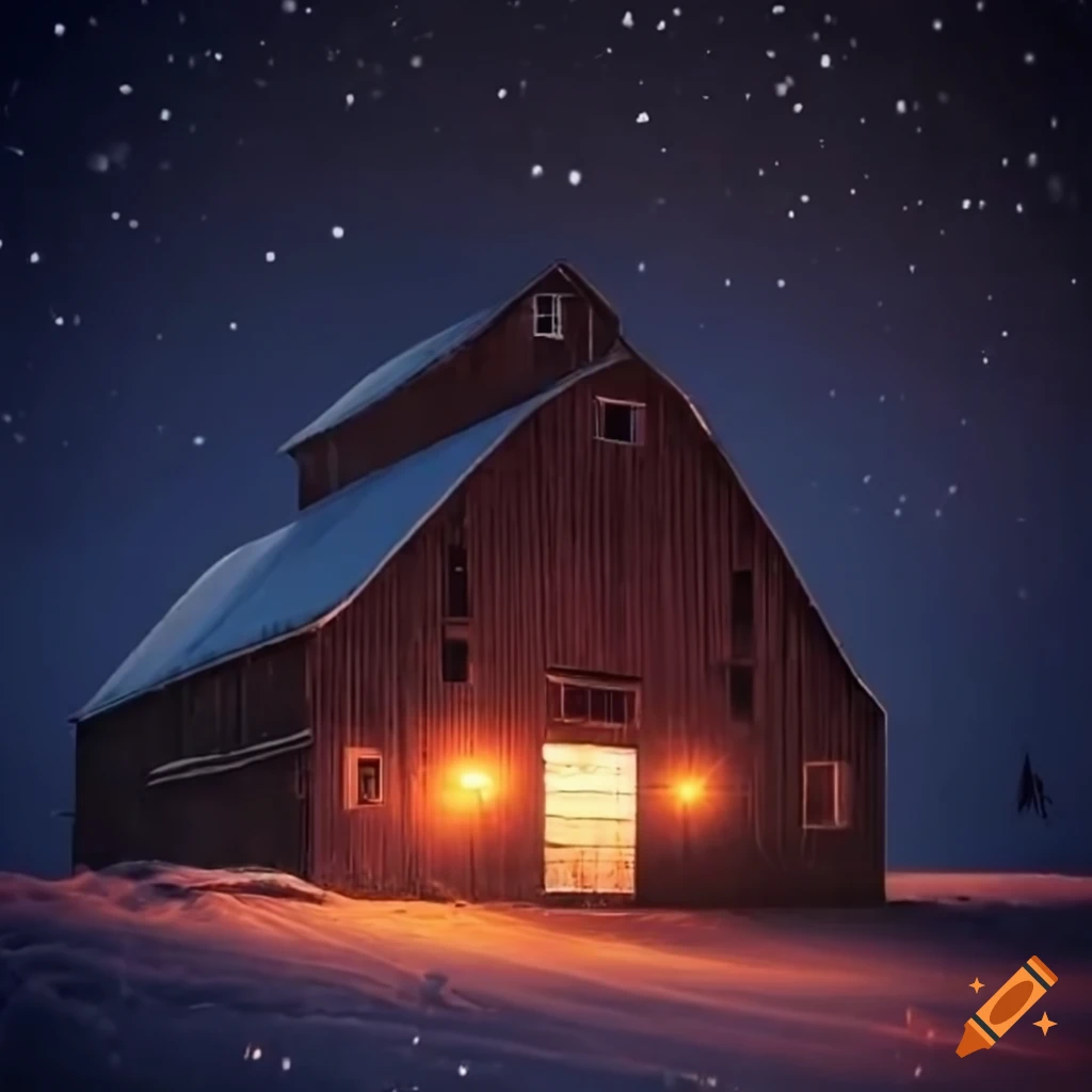 Christmas scene with an old barn, snow, and antique farm tractor on Craiyon
