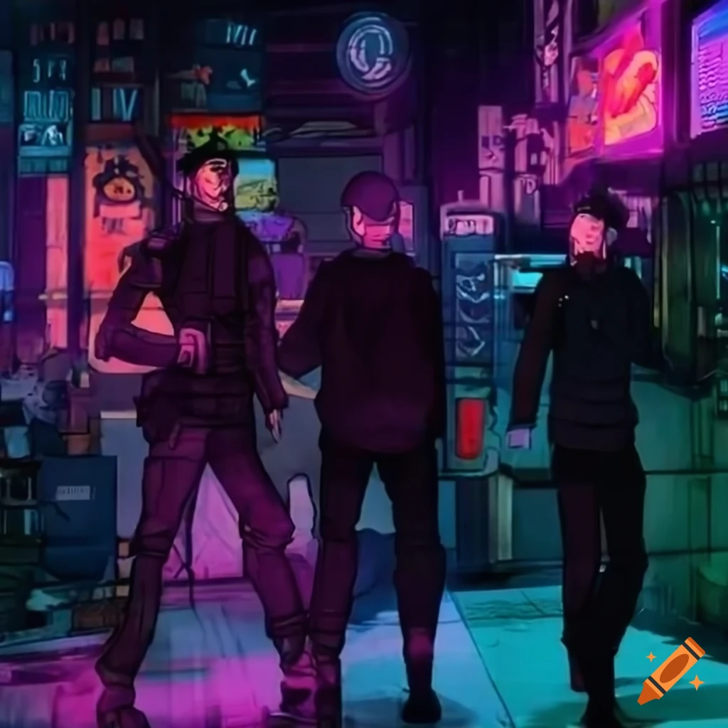 Cyberpunk depiction of three guys at a bar