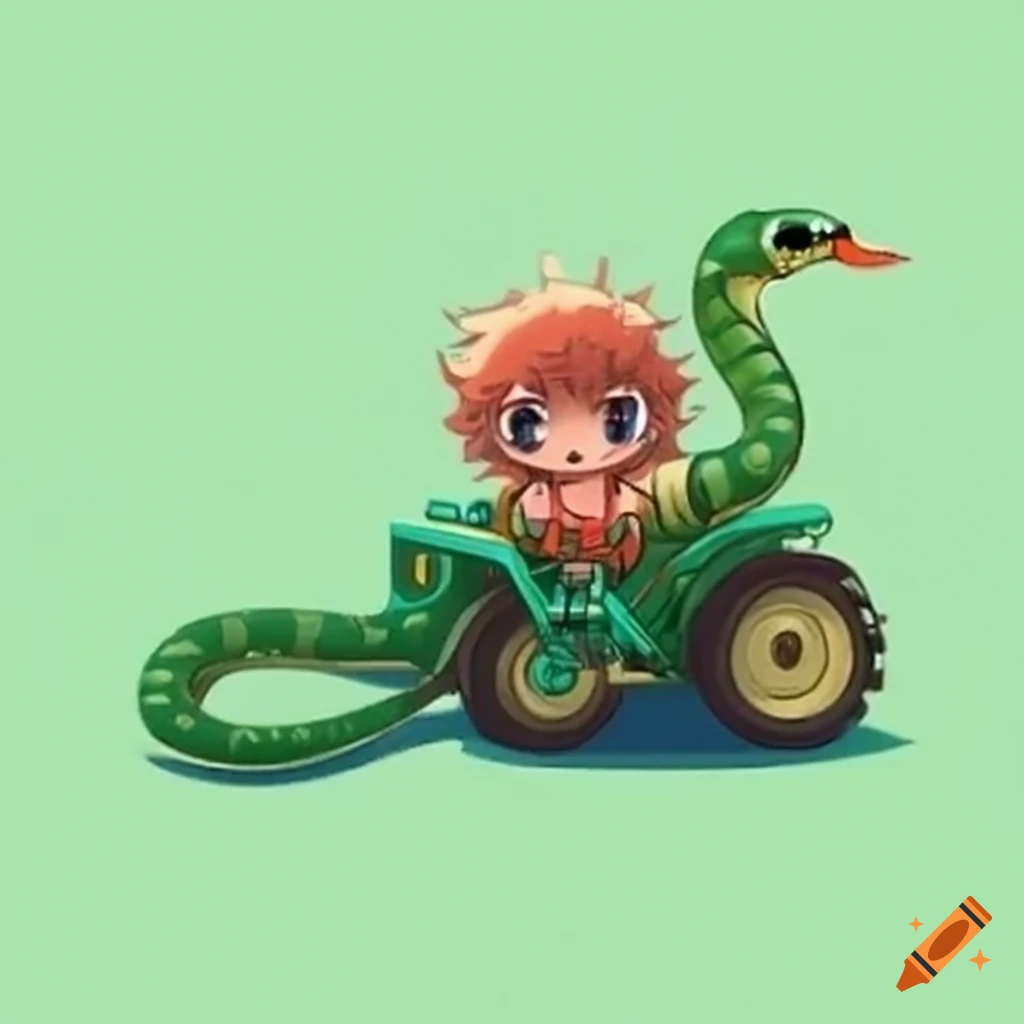 Humorous image of a snake driving a tractor