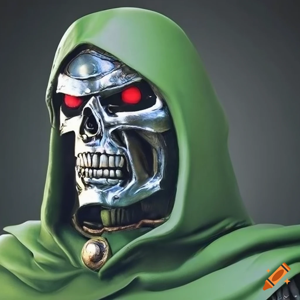 Dr. doom sitting on a throne with a terminator mask