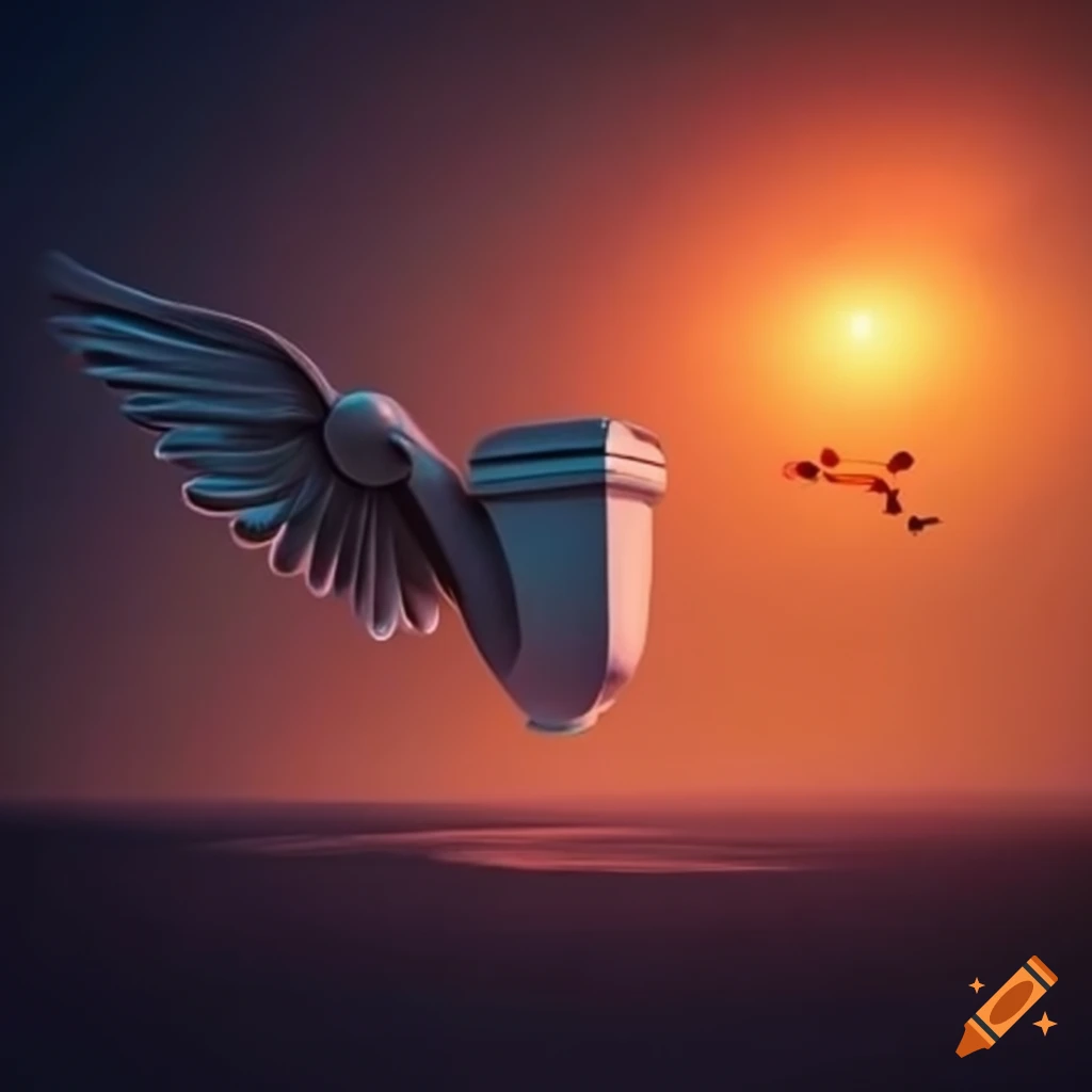 Artistic representation of flying toilets into the sunset on Craiyon