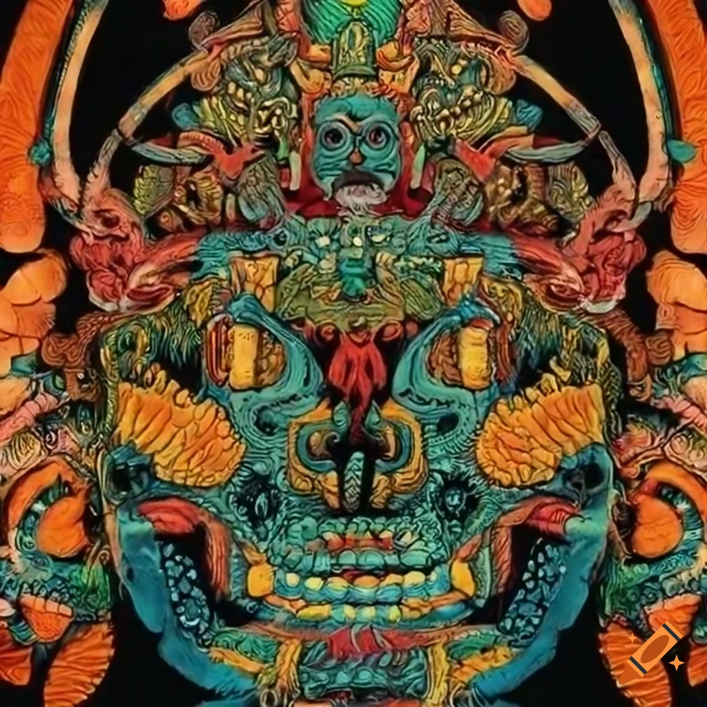 Intricate album cover art featuring ehecatl quetzalcoatl on Craiyon