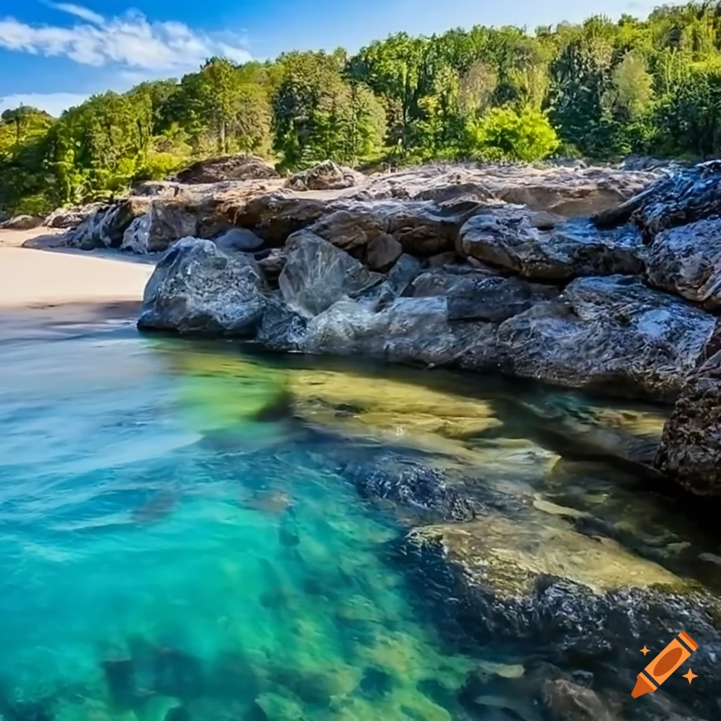 Hyper-realistic beach scene with crystal clear water on Craiyon