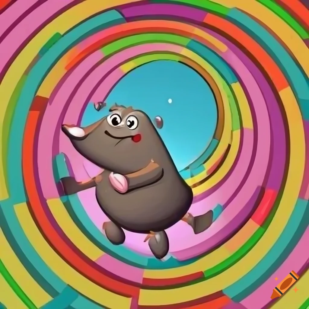 Colorful cartoon mole running through a maze