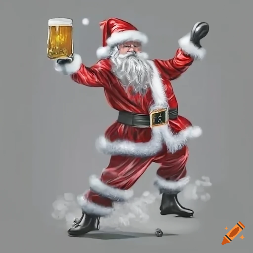 Funny santa claus dancing with a mug of beer on Craiyon