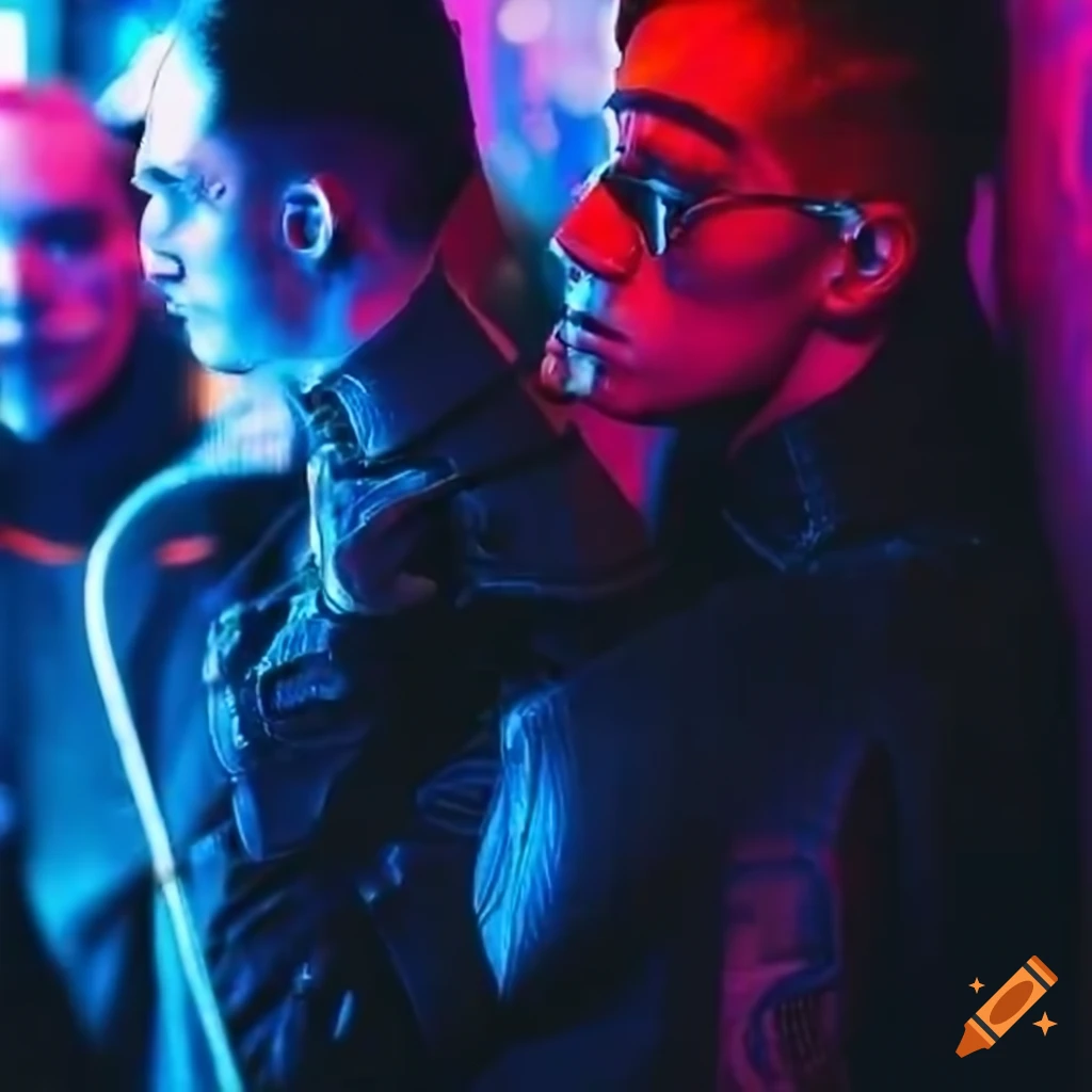 Cyberpunk bar scene with three guys on Craiyon