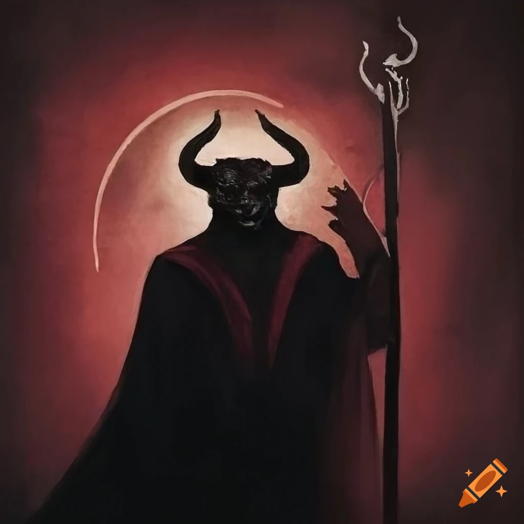 Watercolor painting of an evil minotaur wizard in dungeon