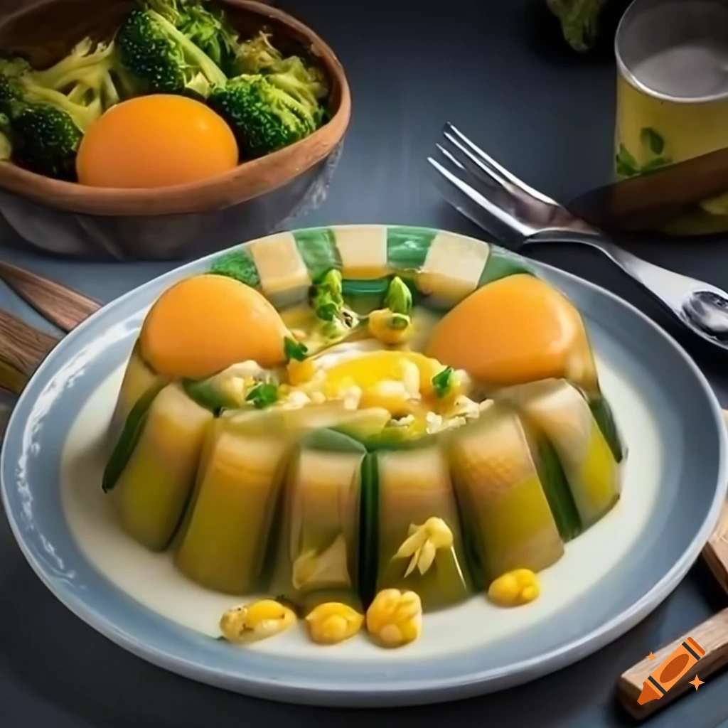 Delicious thanksgiving aspic dish with corn, eggs, and broccoli