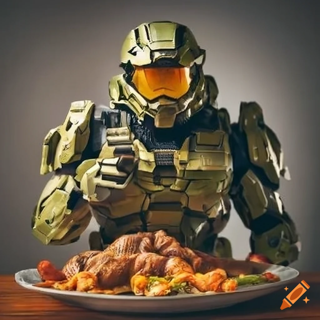 Halo master chief at birthday table with cake and decorations on Craiyon