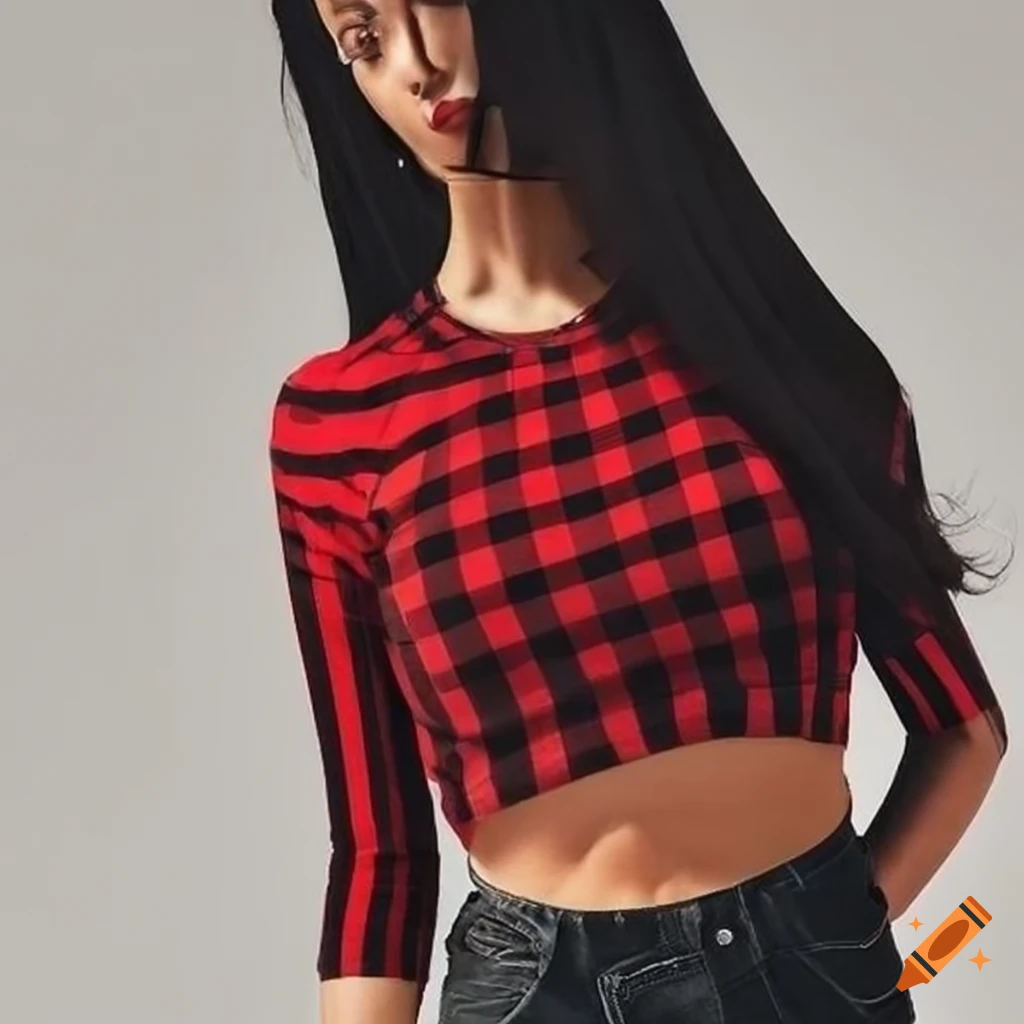 Dark red crop top and striped skinny jeans outfit