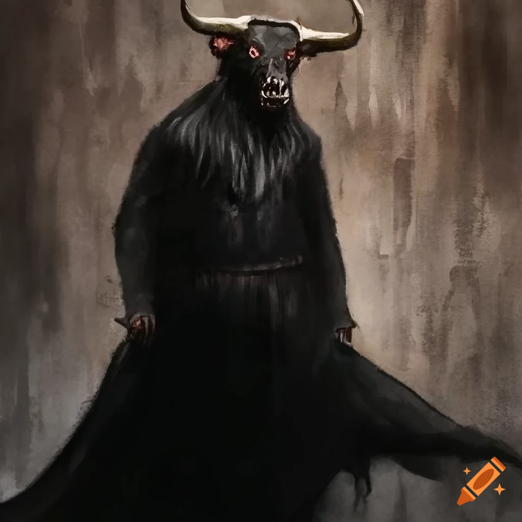 Watercolor painting of an evil minotaur wizard in a dungeon