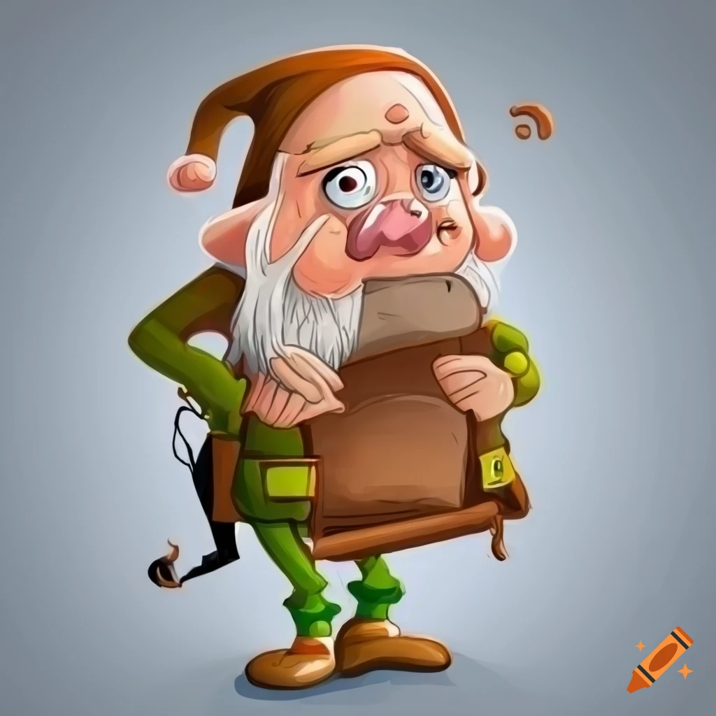 Cartoon illustration of a sad dwarf with empty backpack