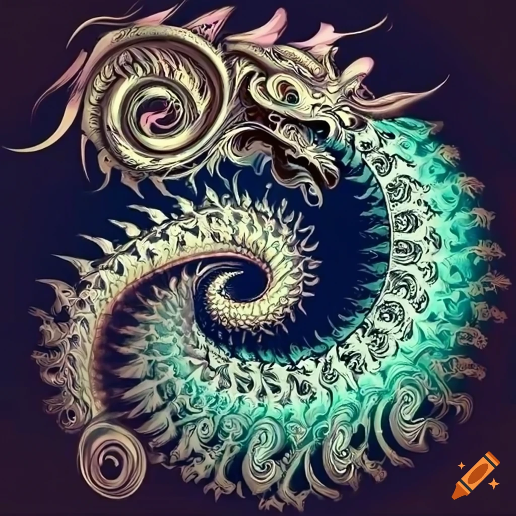 Ornate dragon design with spirals and floral background on Craiyon