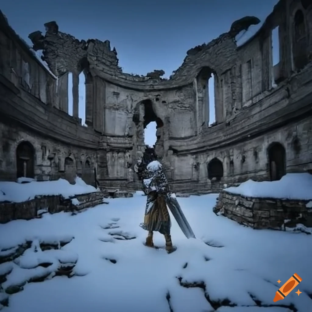 Image of a knight standing in snowy ruins on Craiyon