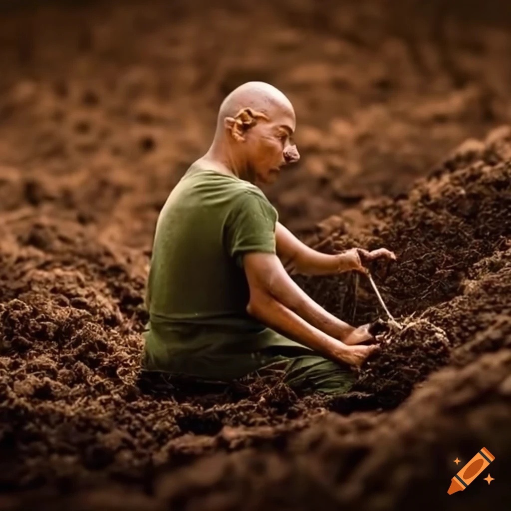 Man enjoying gardening and touching soil on Craiyon