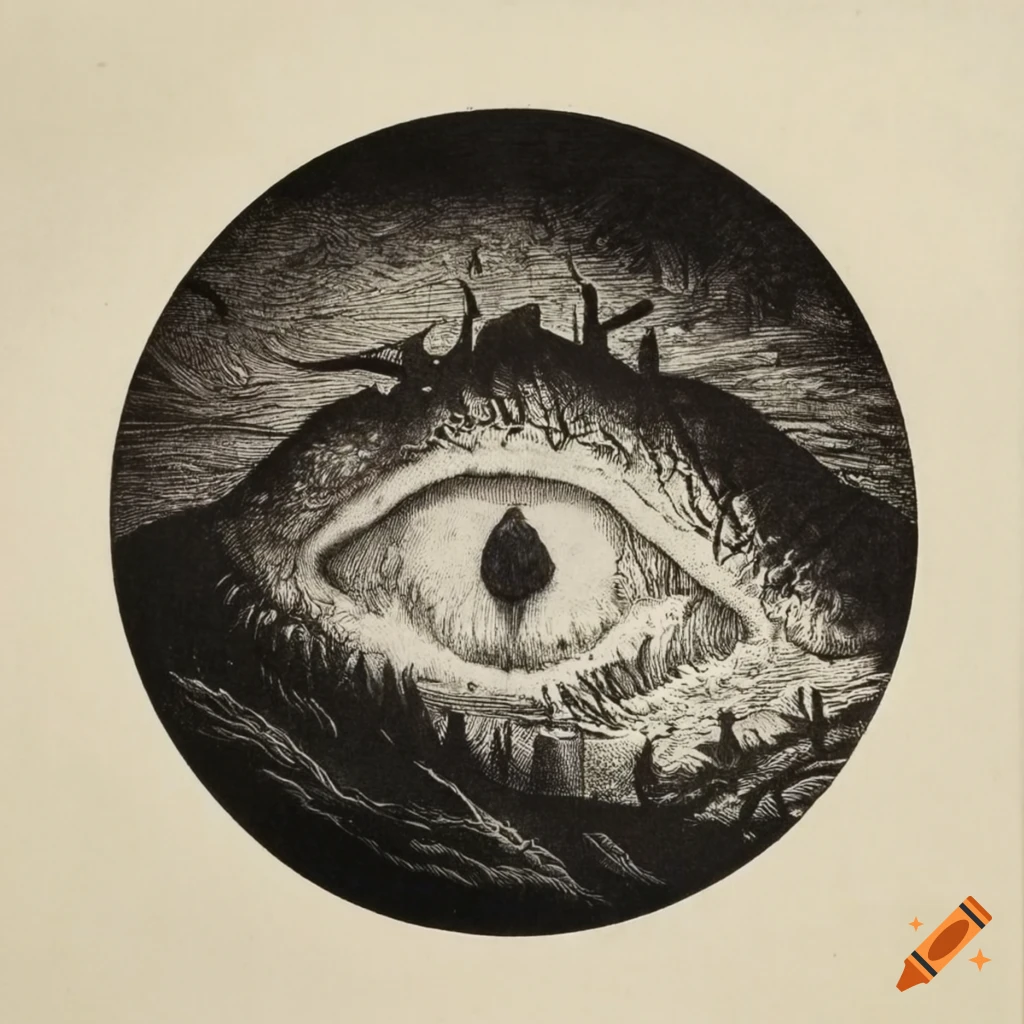Black and white acid etching of eye of sauron