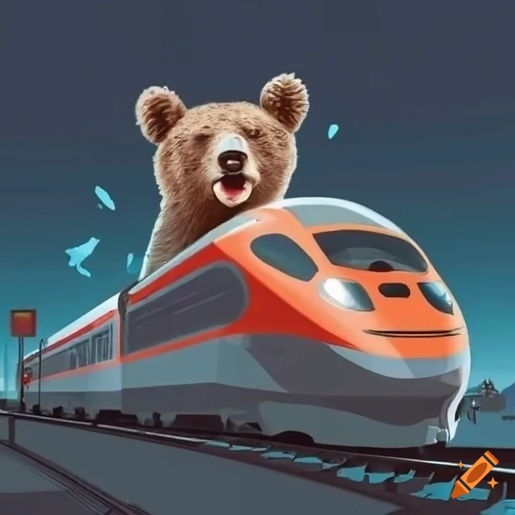 Bear riding a train and waving at people