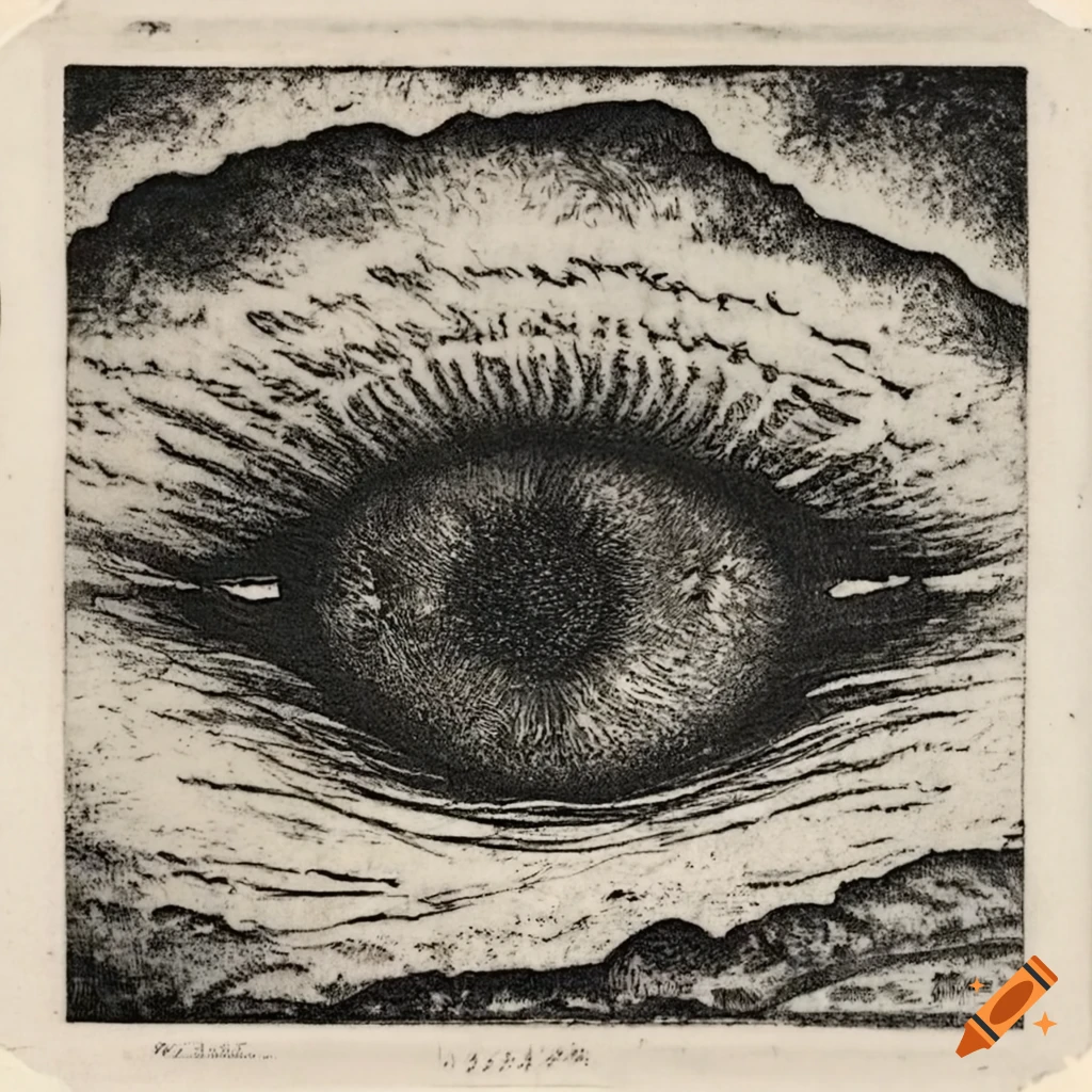 Black and white acid etching of a doom eye in the sky on Craiyon