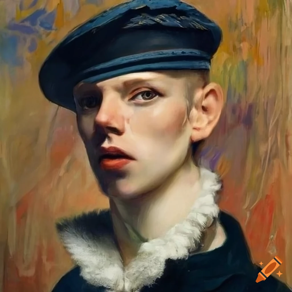 Impressionist painting of a man with a white cat head and a sailor hat ...