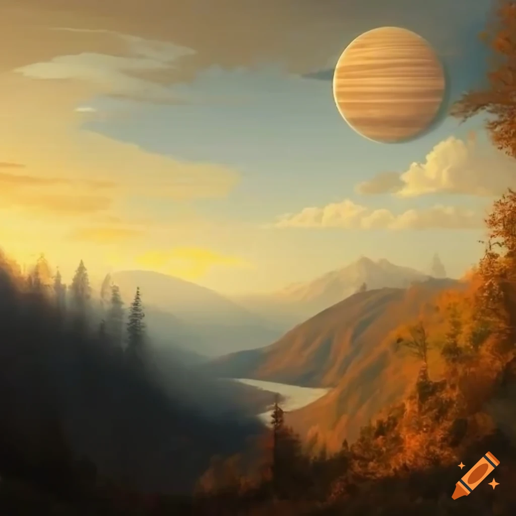 Sunset sky with large visible planets over a forested valley on Craiyon