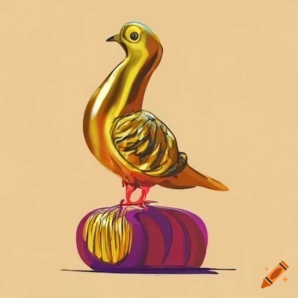 Shiny gold caricature of a massive pigeon statue