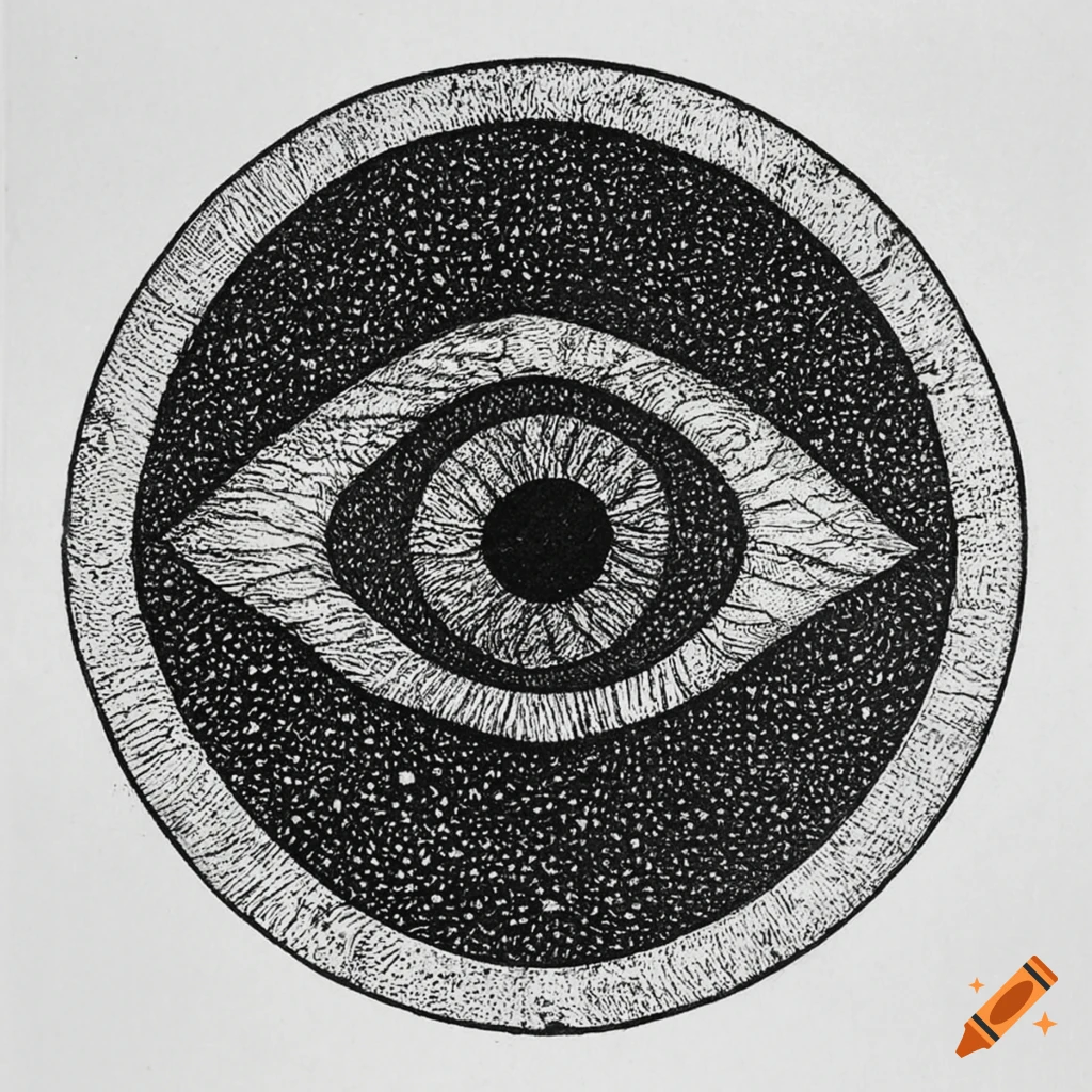 Etched black and white artwork of an evil eye on Craiyon