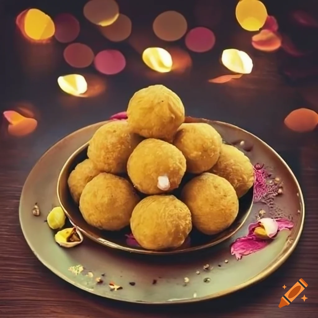 Delectable platter of indian laddu on a festive table on Craiyon