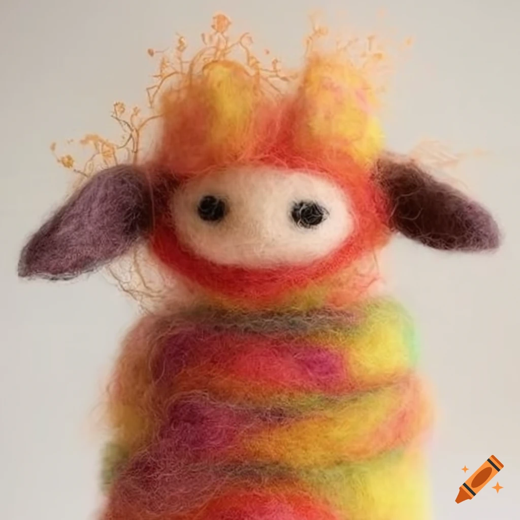 Felted wool creatures in wool clothing in a garden on Craiyon