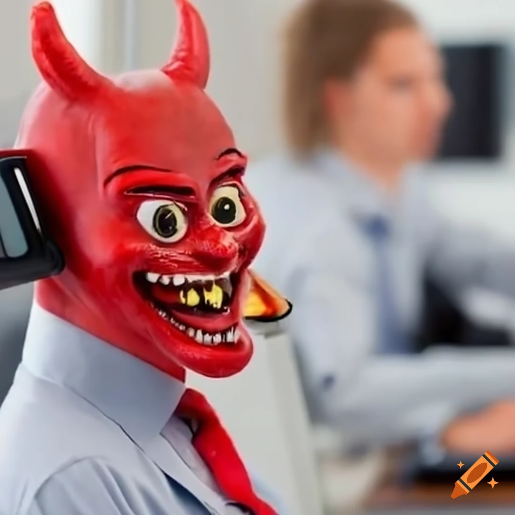 Devil multitasking in a busy office