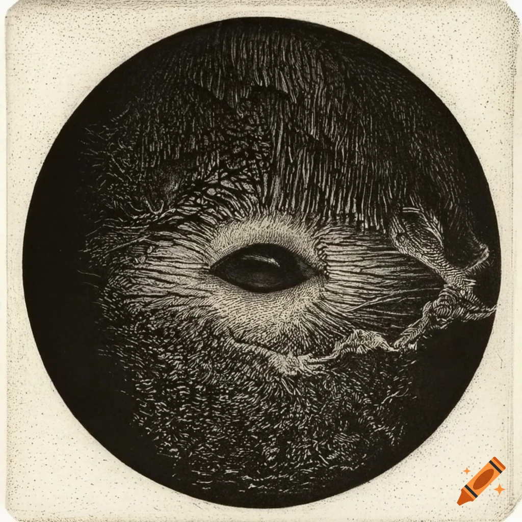 Black and white acid etching of an ominous eye