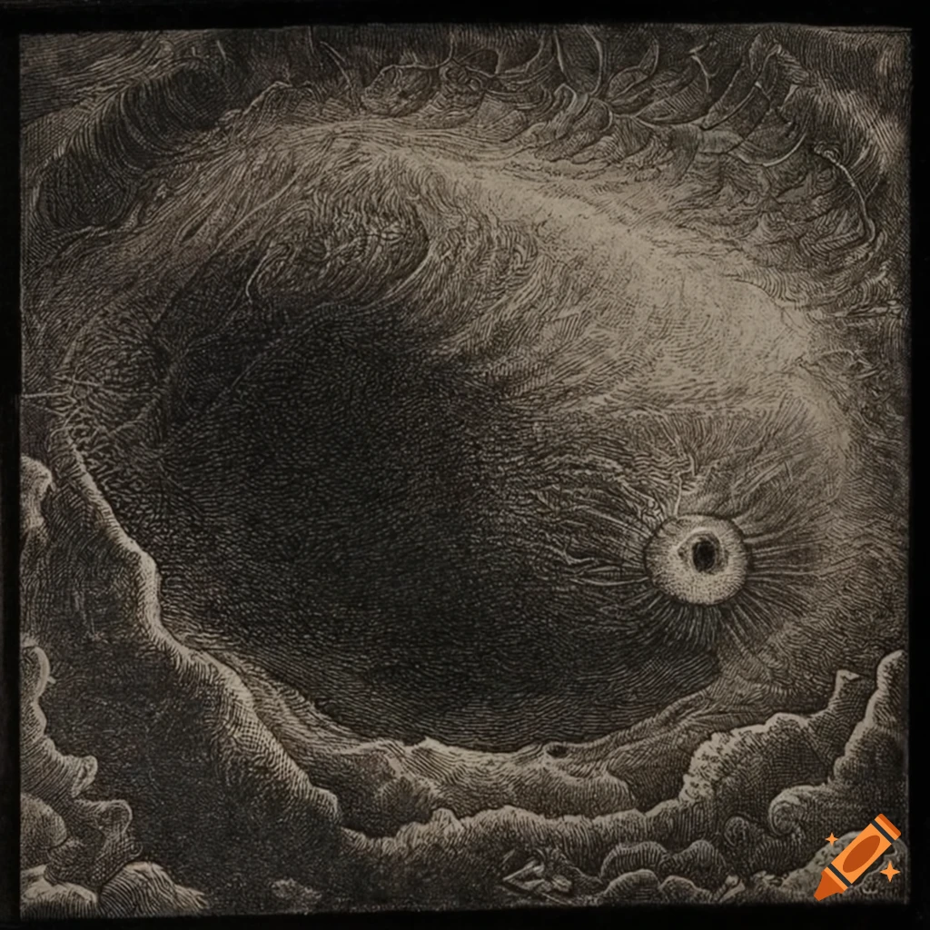 Black and white acid etching of an ominous eye in the sky on Craiyon