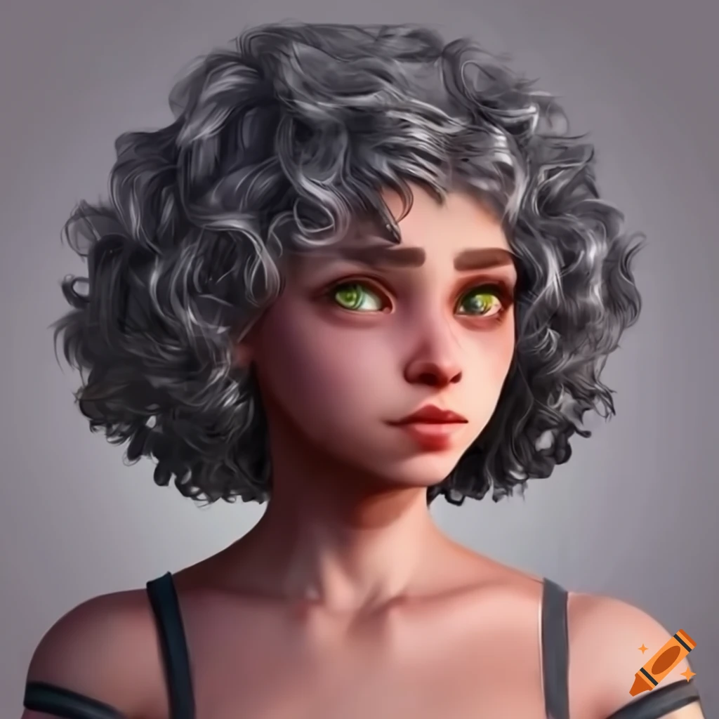 Powerful female character with short curly grey hair on Craiyon
