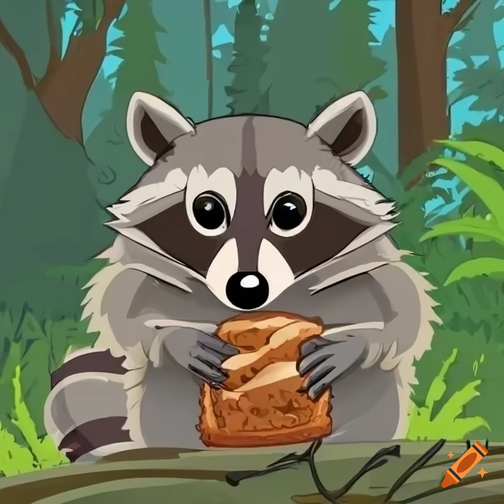 Cartoon raccoon eating bread in the forest on Craiyon