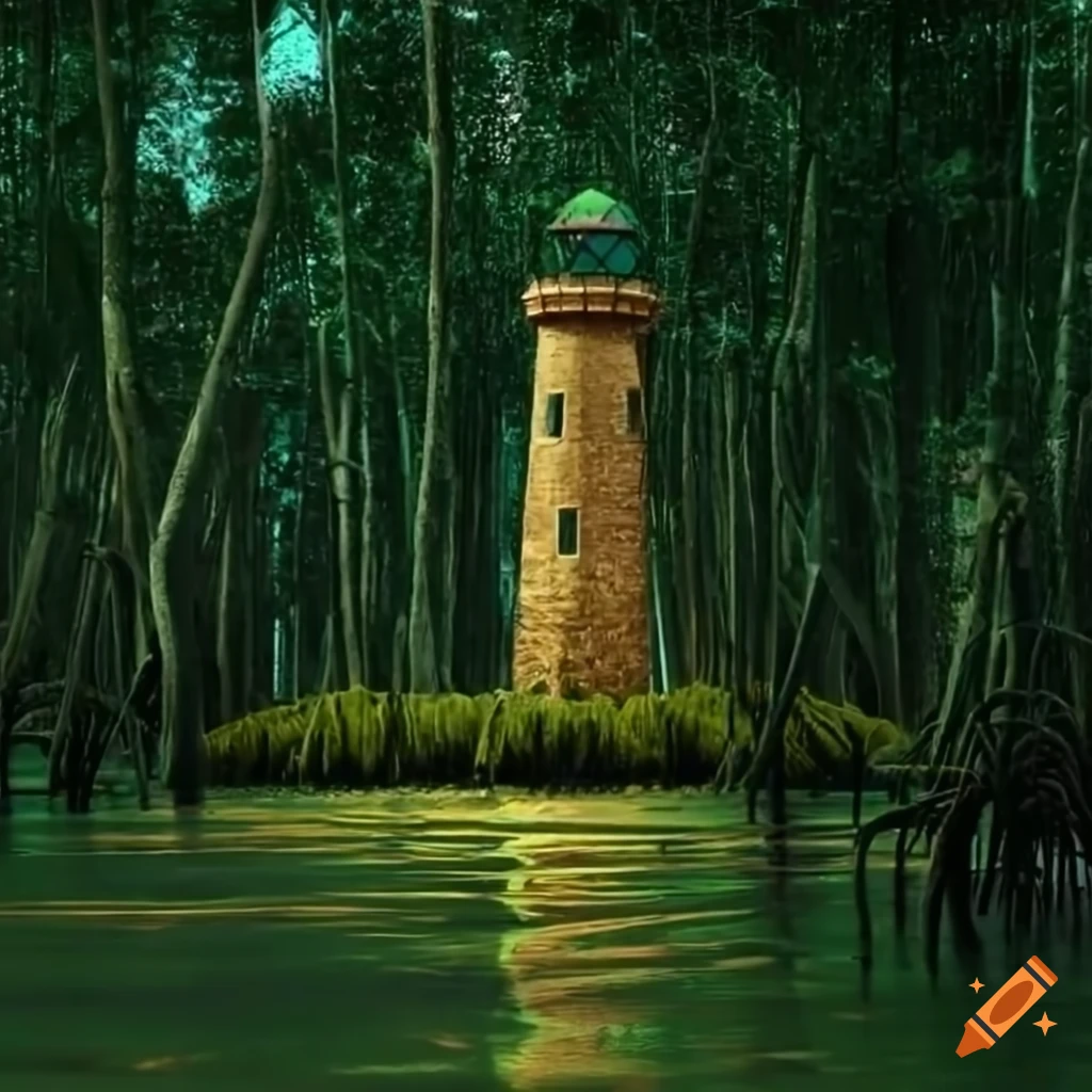 Moss-covered lighthouse in a mangrove flat forest