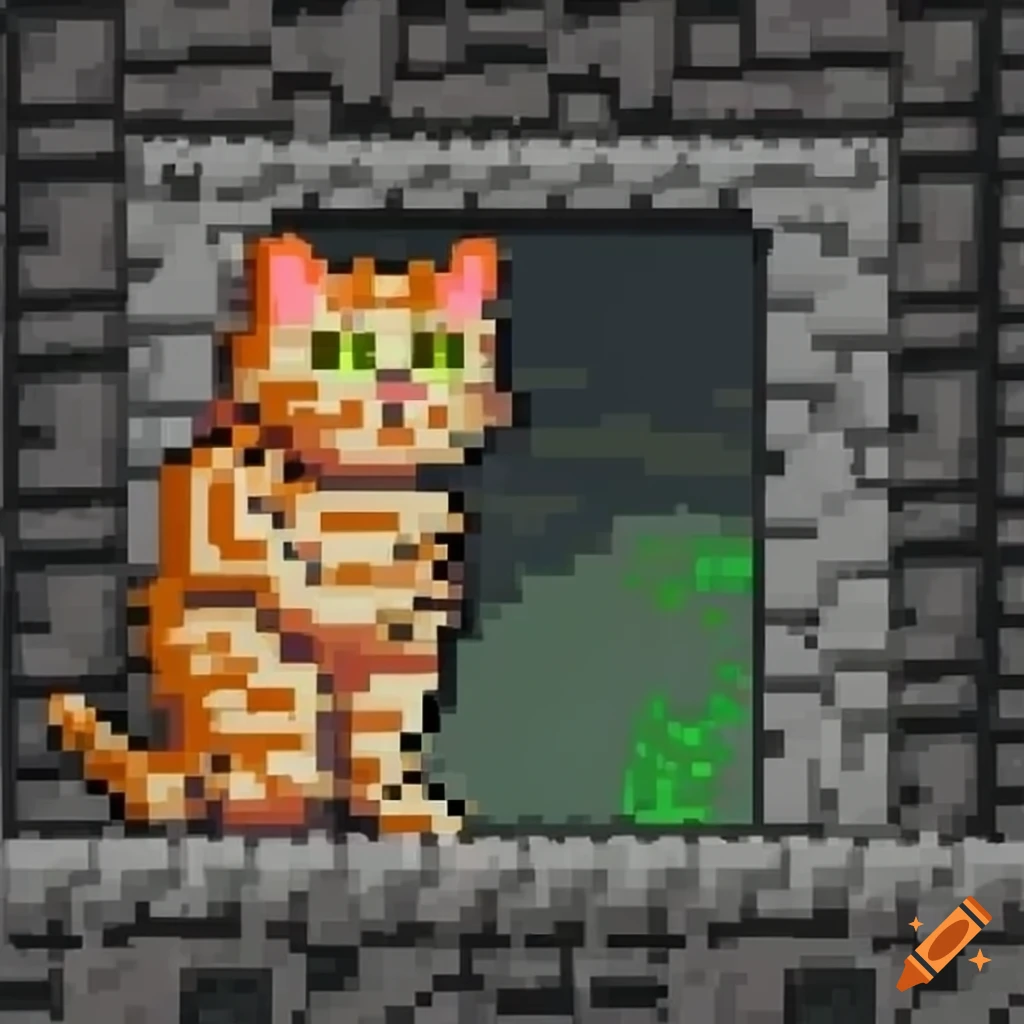 Pixel art of an orange tabby cat in a castle dungeon