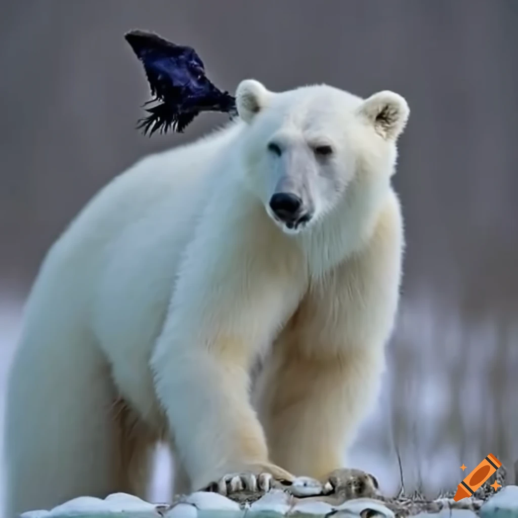 Image description of a white bear with a crow on its shoulder