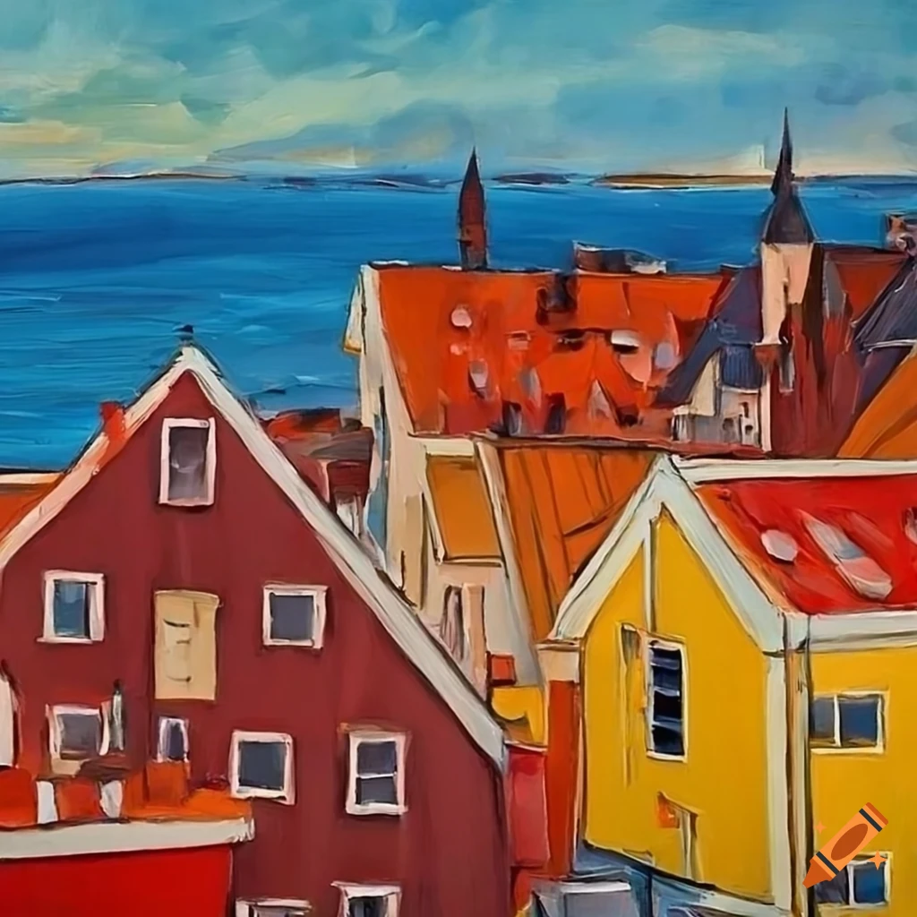 Modigliani-style oil painting of a colorful seaside town in Norway on ...